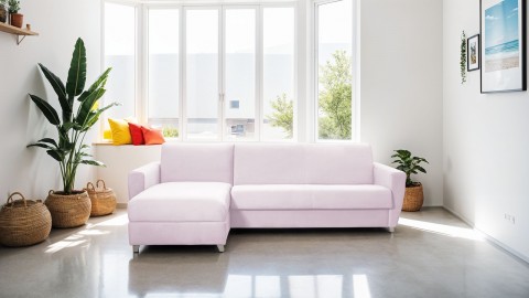 Canapé d'angle convertible réversible 5 places en velours rose pâle - Ouverture express ...